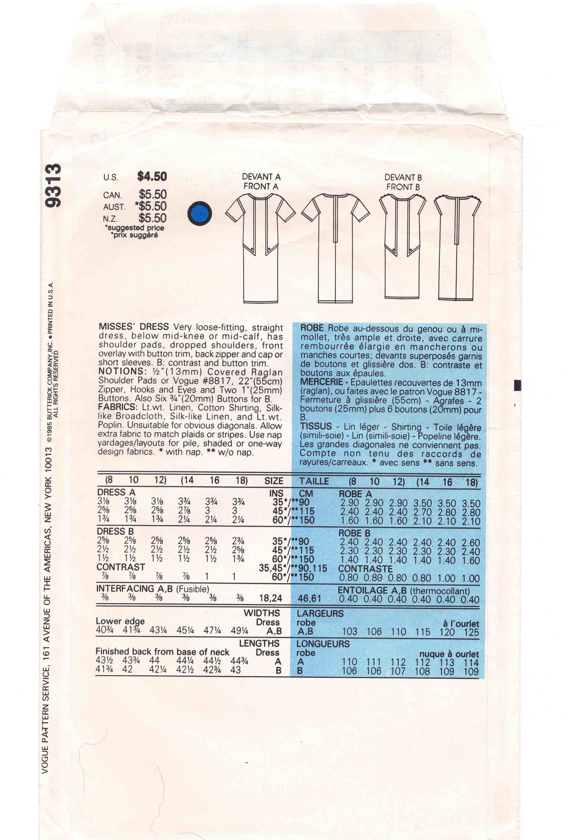 80s Very Easy Very Vogue Dress Pattern 9313. Uncut/ff Sizes 8-12 Bust ...
