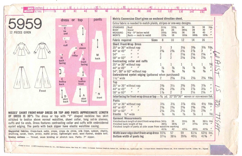 70s Wrap Dress/top & Wide Bell Bottoms Pattern Simplicity 5959 - Etsy