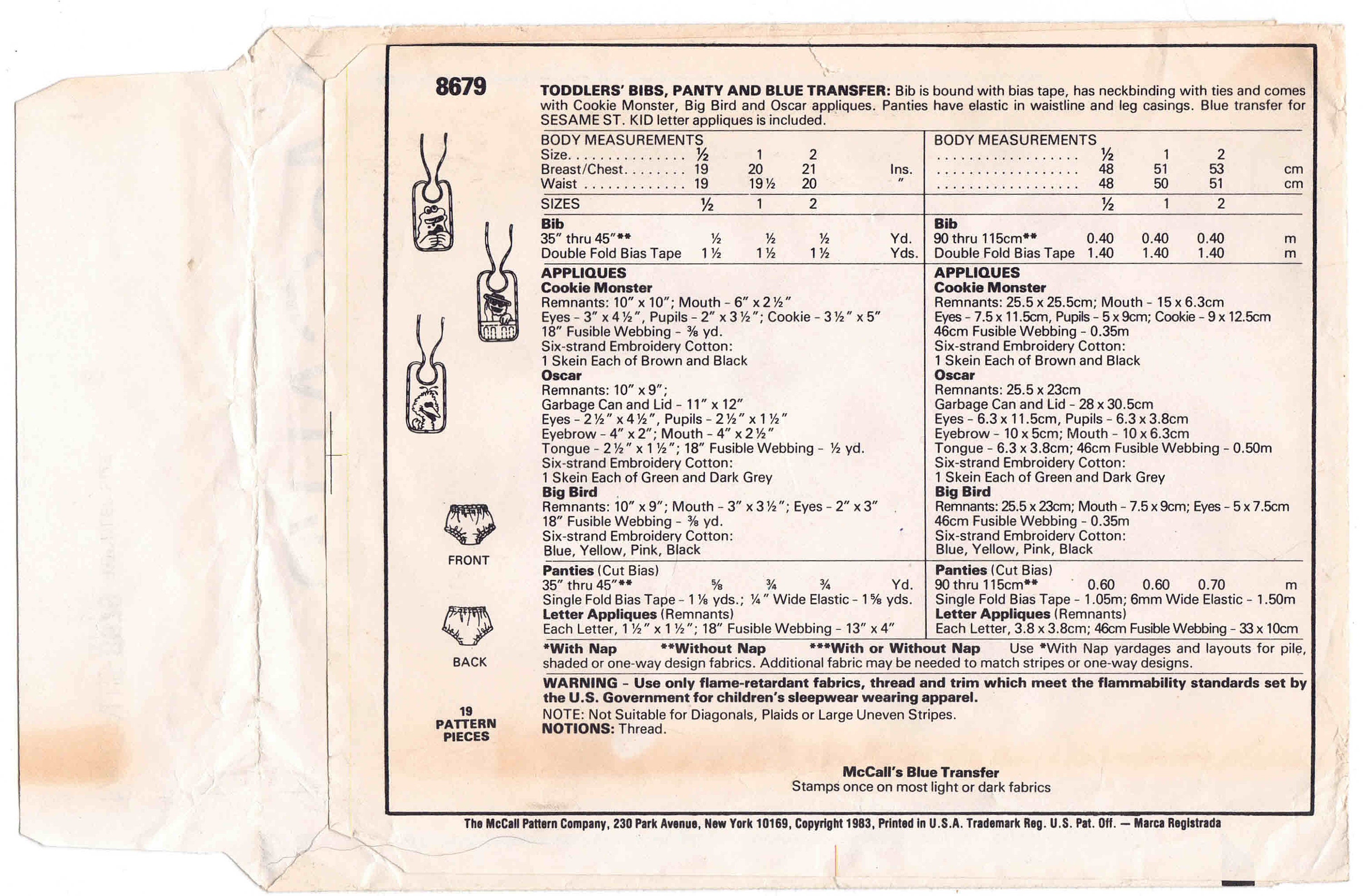 Toddler's Sesame Street Bib & Diaper Cover Pattern Mccall's 8679 Size 2 ...