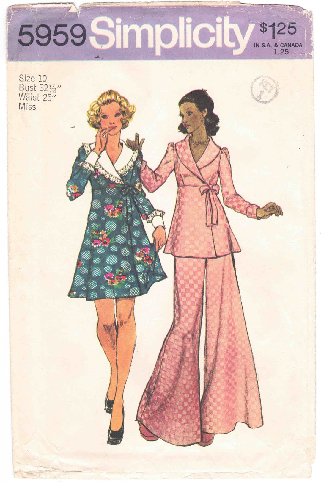 70s Wrap Dress/top & Wide Bell Bottoms Pattern Simplicity 5959 Size 10 ...