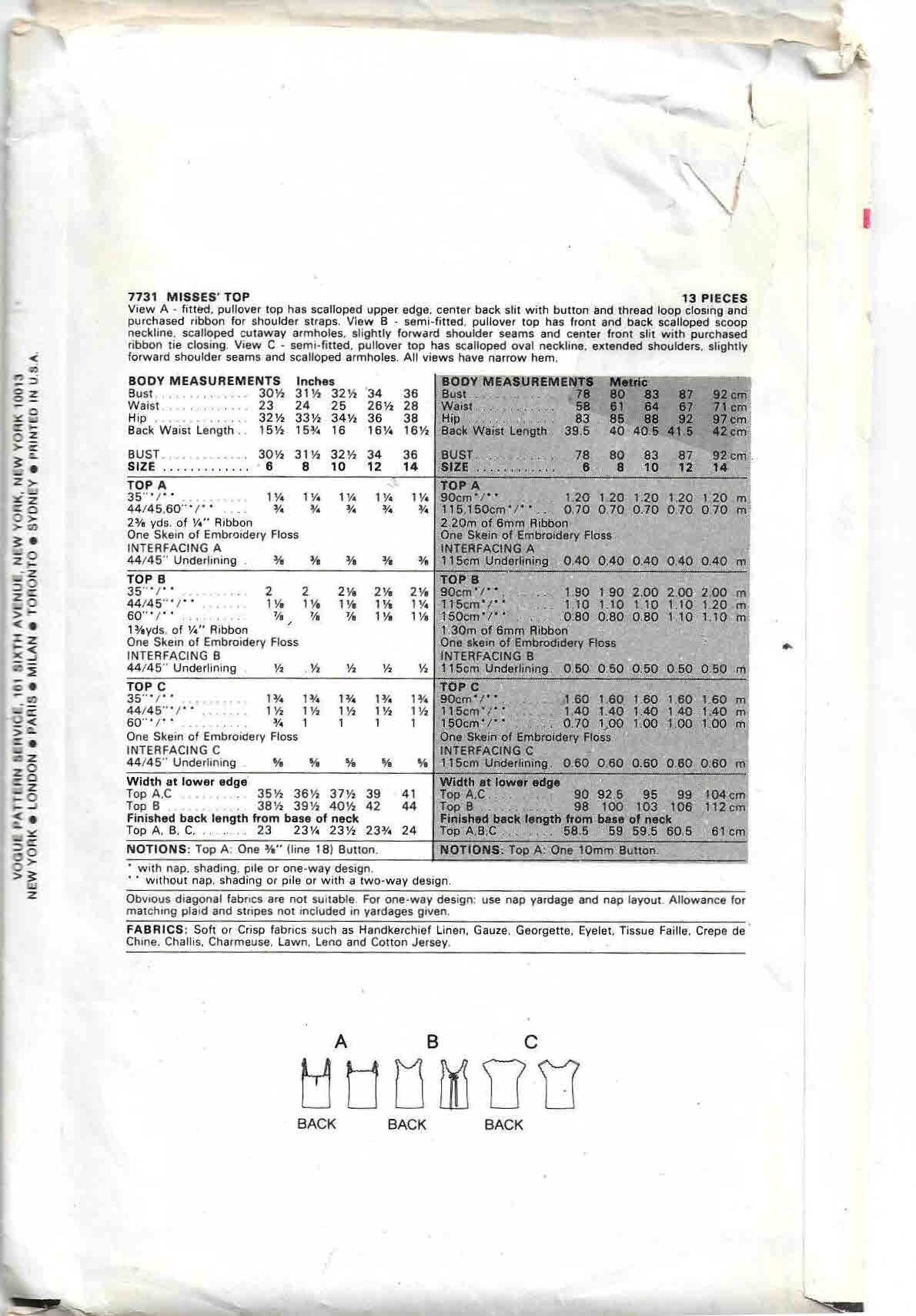 80s Vogue Top Pattern 7731 Size 12 Bust 34. Scallop Edge | Etsy