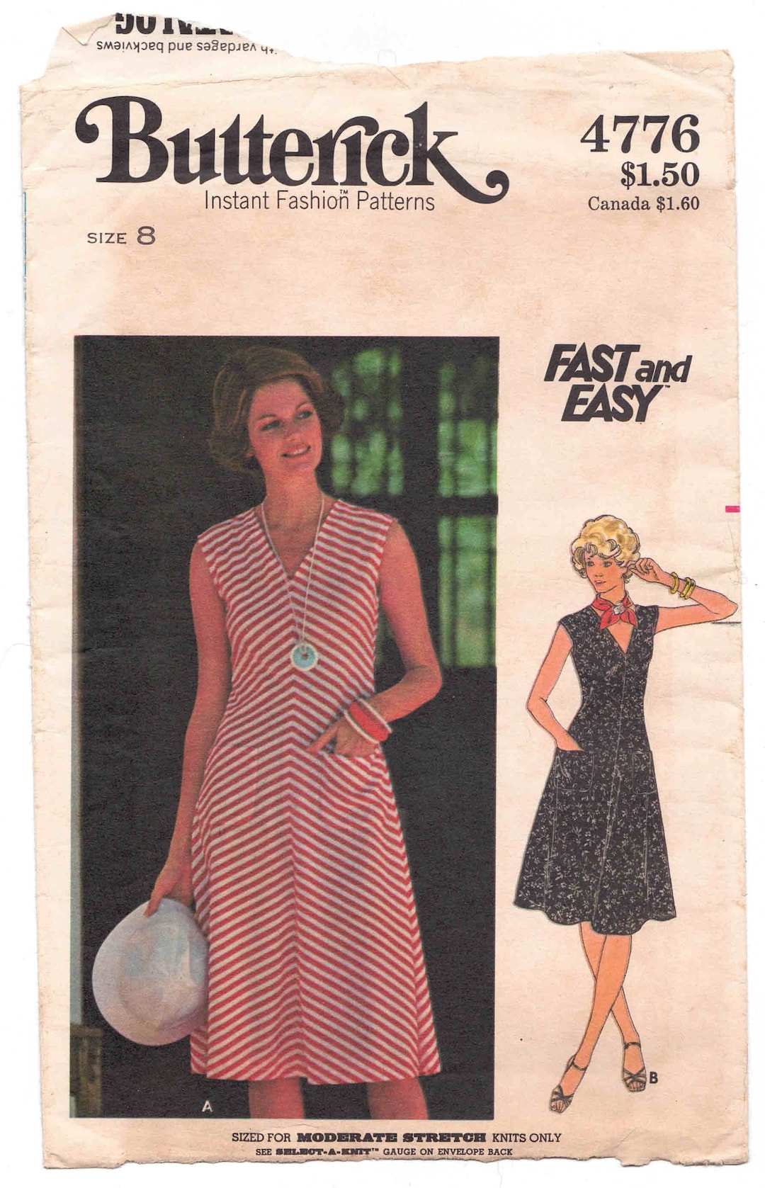 70s Fit & Flare Knit Fabric Dress Pattern Butterick 4776 Size 8 Bust 31 ...