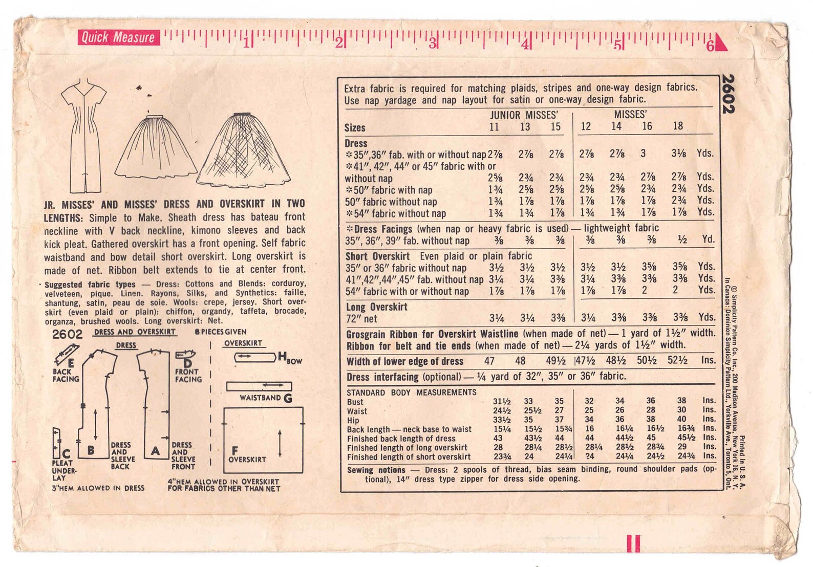1950s Dress W/overskirt Pattern Simplicity 2602. Junior 13 Bust 33 ...