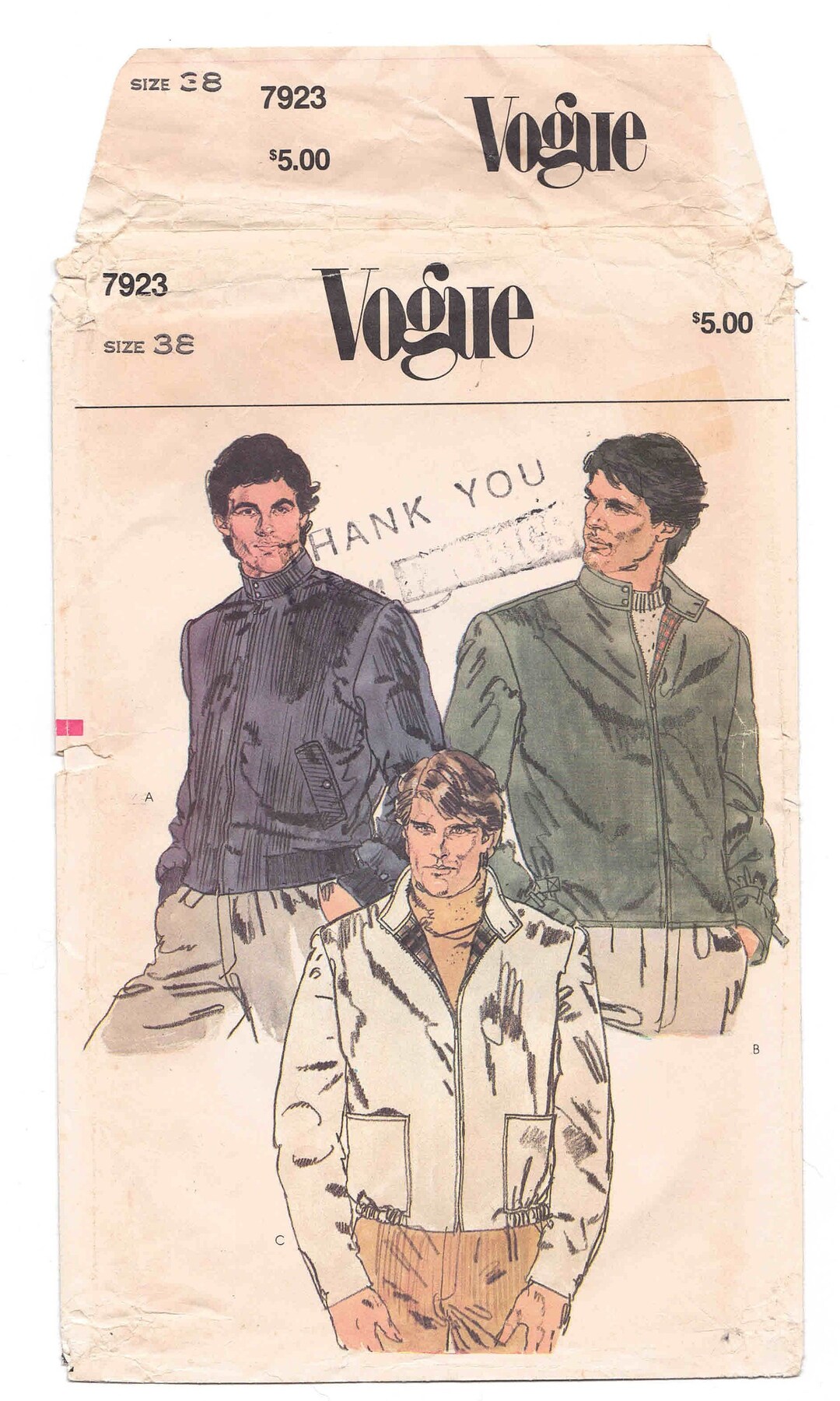 80s Vogue Men's Jacket Pattern 7923 Size 38. Hip Length Jacket, Zip ...
