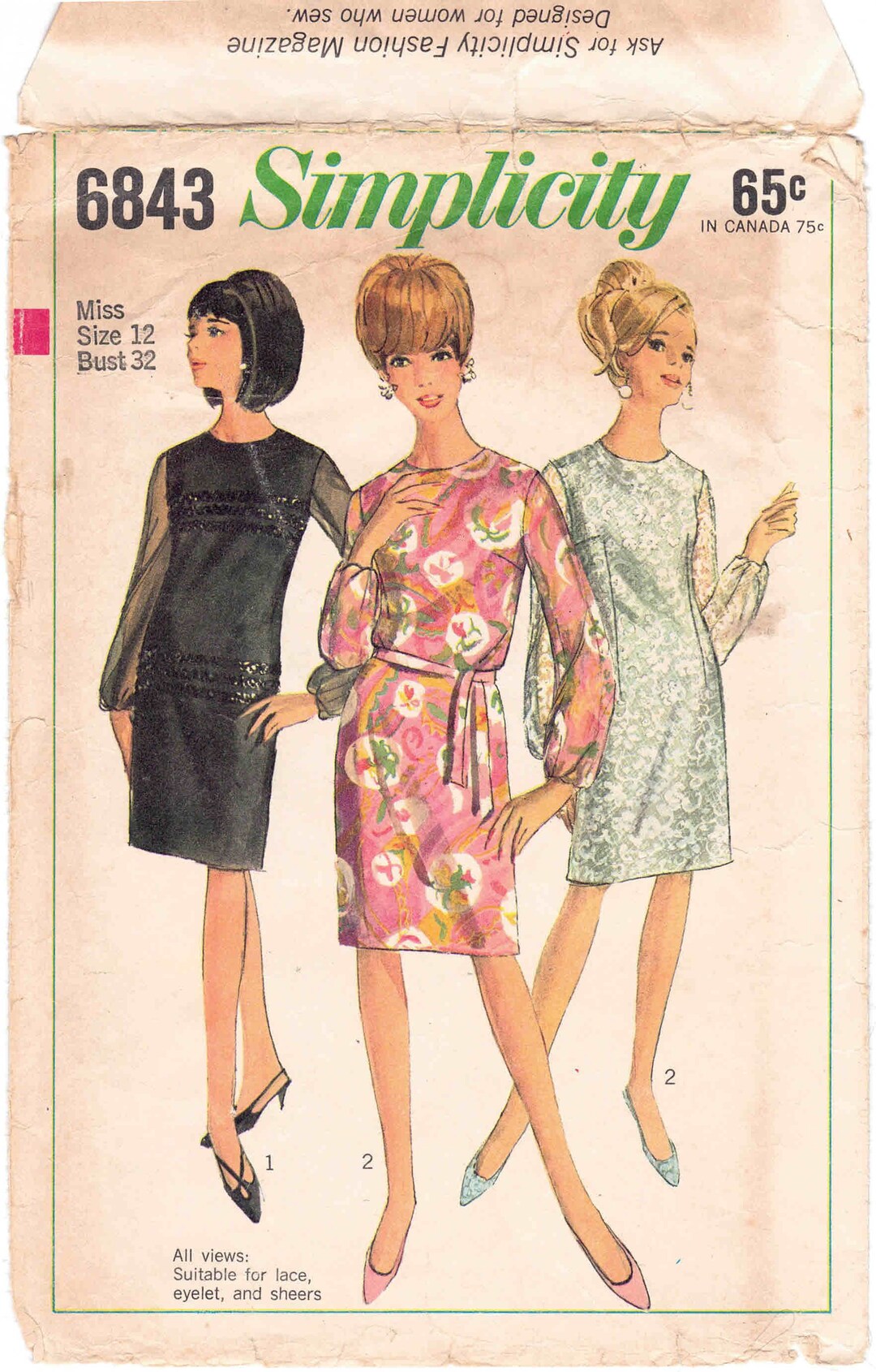 60s Dress Pattern Simplicity 6843 Size 12 Bust 32. Sheath/shift Dress ...