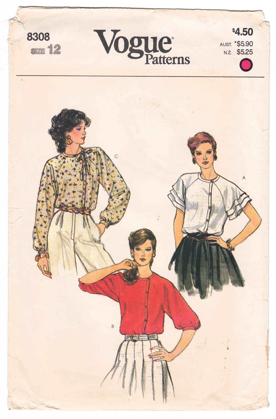 80s Vogue Blouse Pattern 8308. Uncut Size 12 Bust 34. Side Button ...