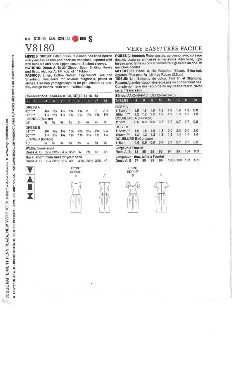 Very Easy Vogue Dress Pattern 8180 Uncut Sizes 12-14-16-18. - Etsy
