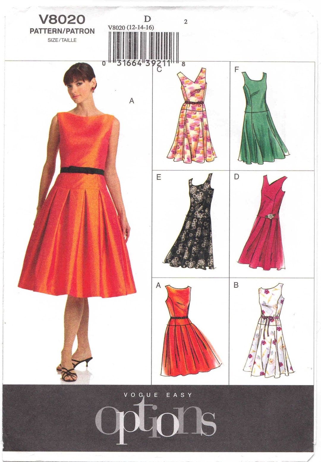 Vogue Easy Options Dress Pattern V8020 Uncut Sizes 12-16. Drop Waist ...