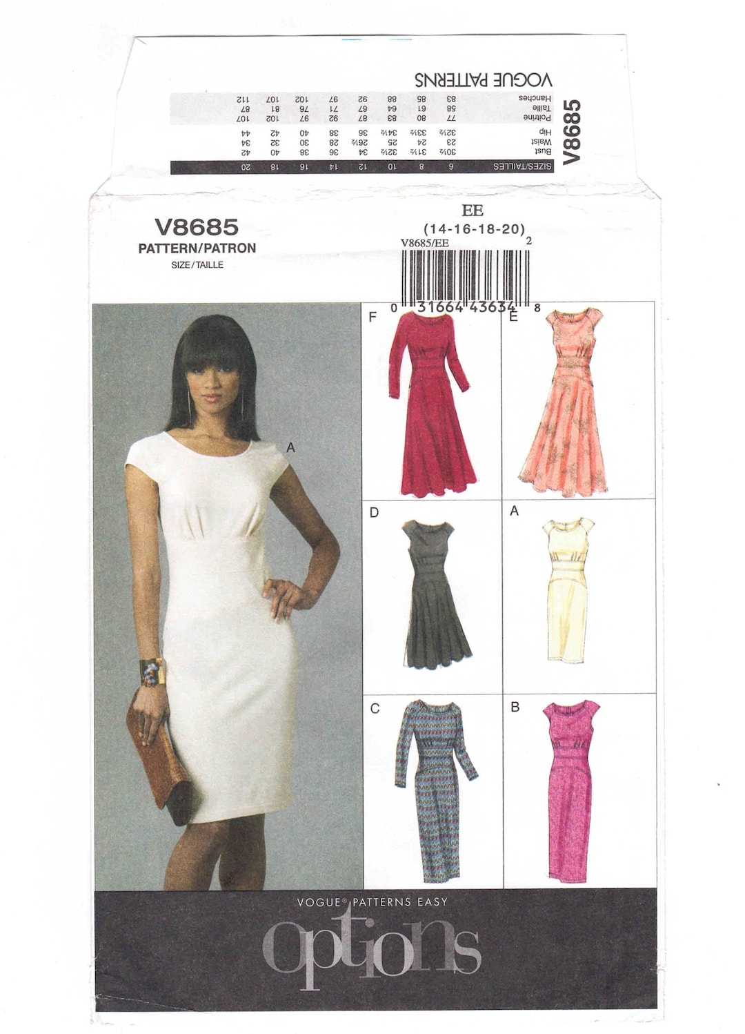 Vogue Easy Options Fitted Dress Pattern 8685 Uncut/ff Sizes 16-20. Midi ...