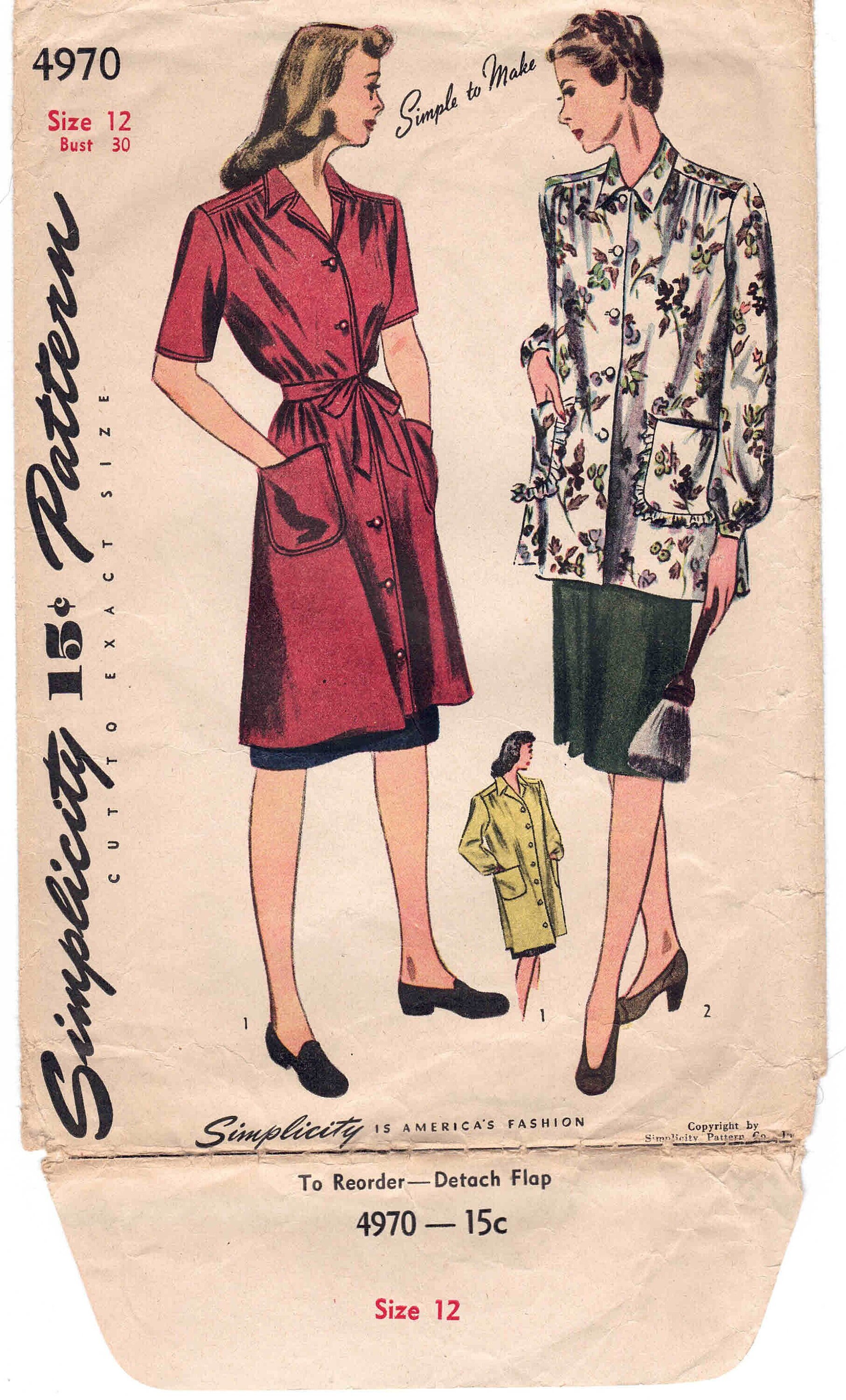 40s Smock Dress Pattern Simplicity 4970 Size 12 Bust 30. Front Button ...