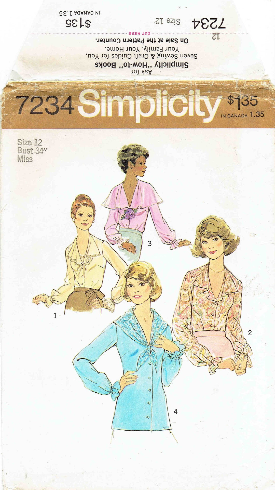70s Women's Long Sleeve Blouses Pattern Simplicity 7234 Size 12 Bust 34 ...