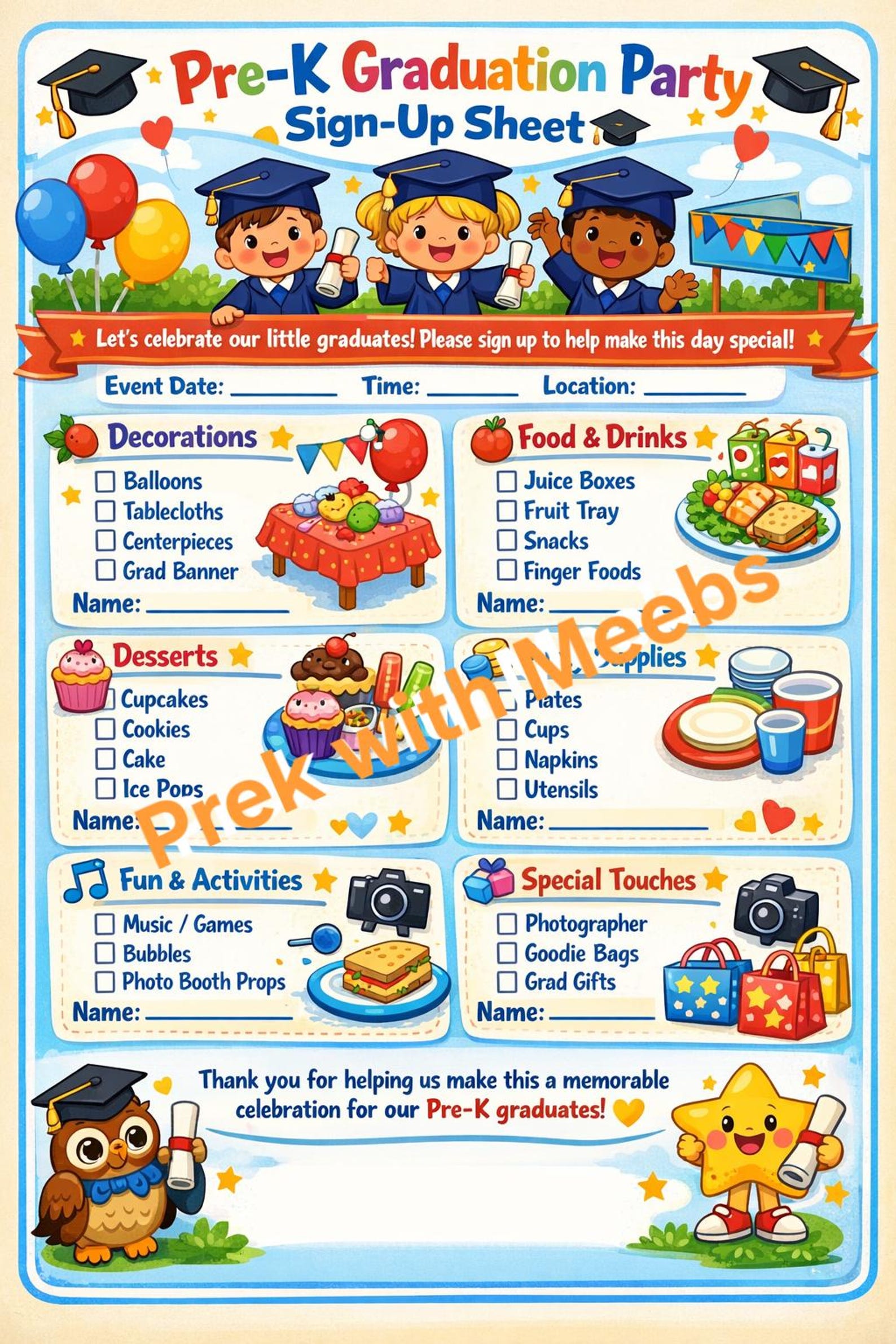 Prek Graduation Party Sign up Sheets - Etsy