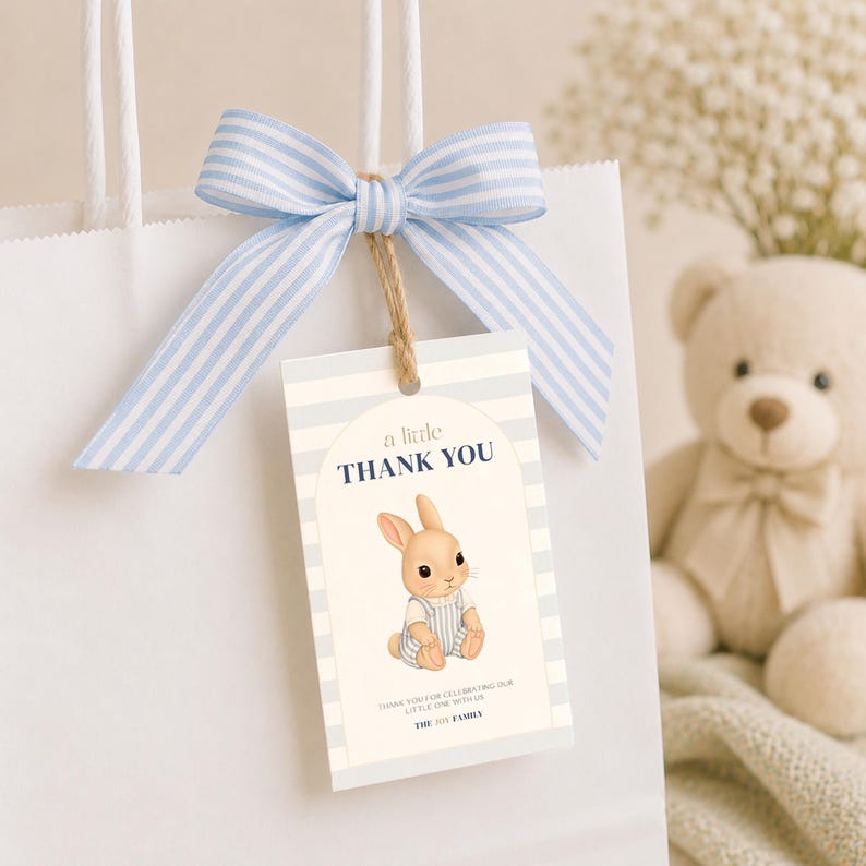 Baby Shower Favour Tags Template, Blue Striped Bunny Gift Tags ...