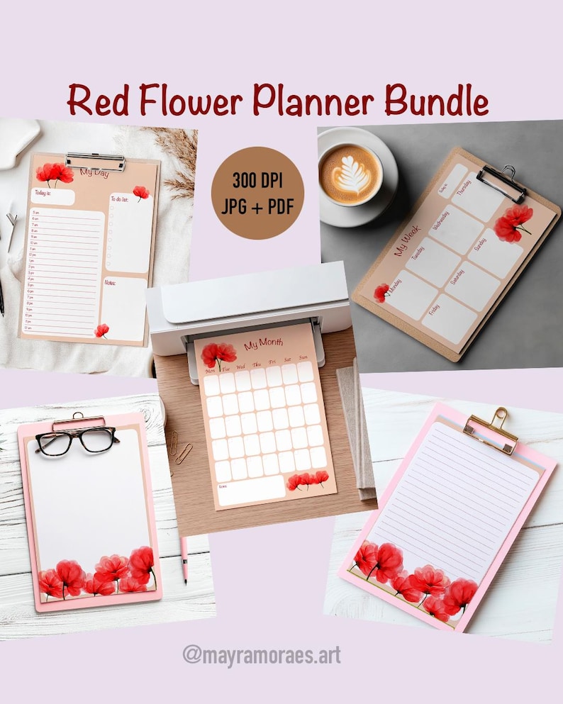 Red Flower Printable Planner Bundle – Daily, Weekly, Monthly, Notepads ...