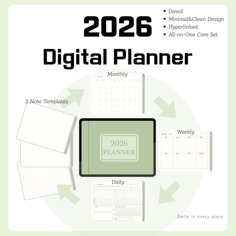 2026 Digital Planner, Minimalist Sage Green Daily Weekly Monthly ...