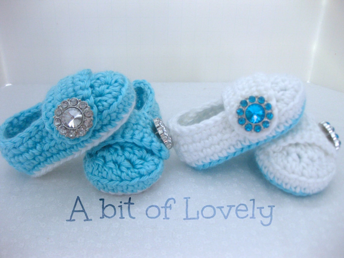 Spring Baby Infant Girl Shoes / Booties - White & Light Blue Jewel ...
