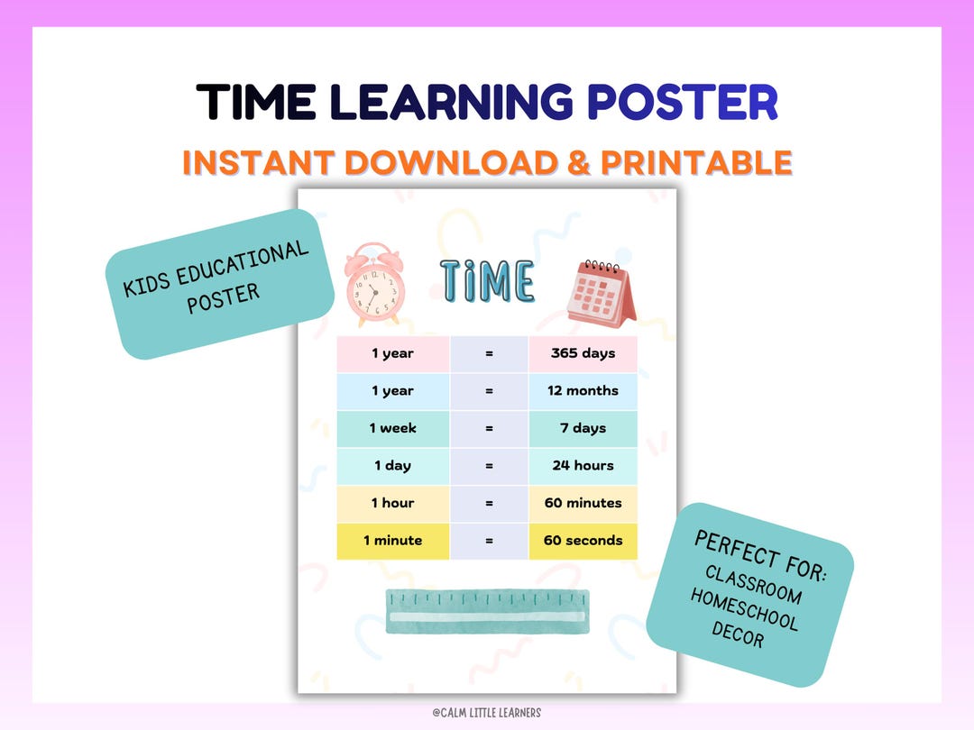 Time Conversion Chart Printable, Units of Time Poster, Seconds Minutes ...