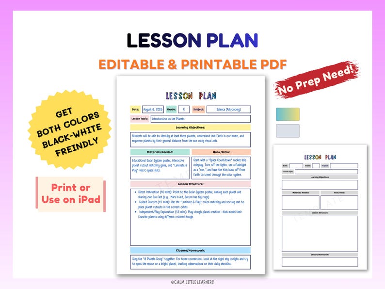 Editable Lesson Plan Template for Teachers, Printable Lesson Planner ...