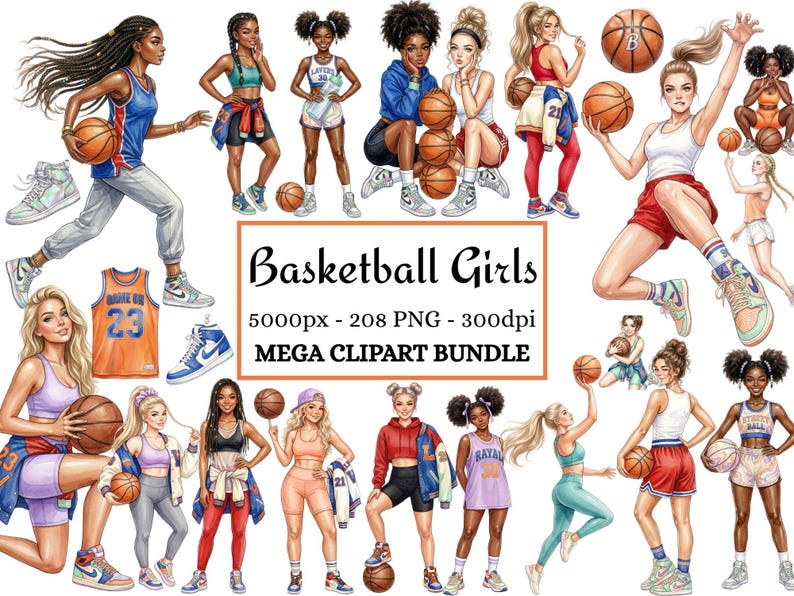 Basketball Girl Clipart | Diverse Women Watercolor PNG, Sports Bundle ...