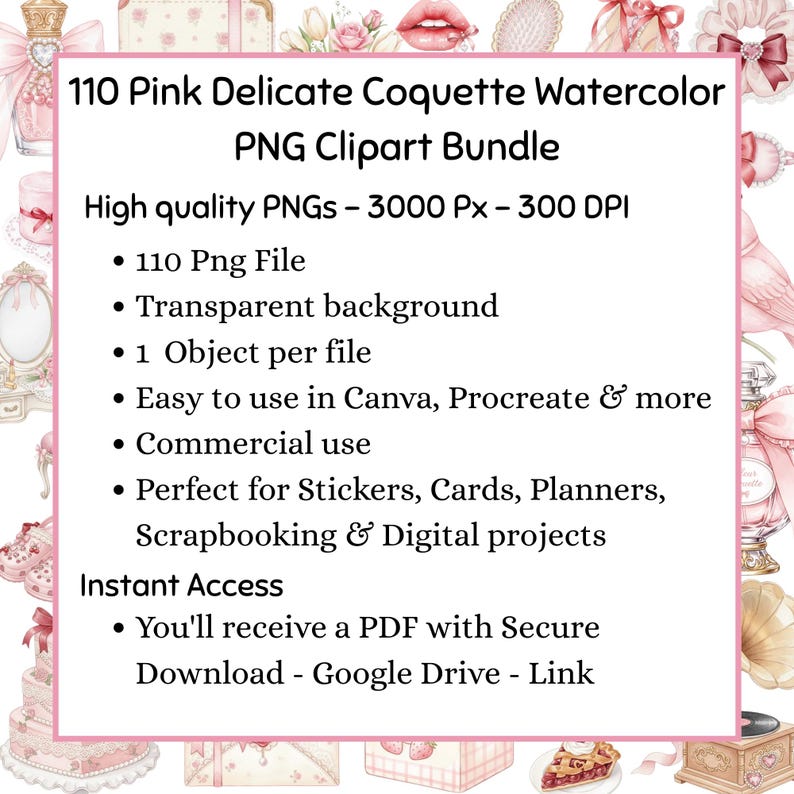 Pink Coquette Clipart Bundle | Bows, Hearts, Pearls Watercolor PNG Set ...