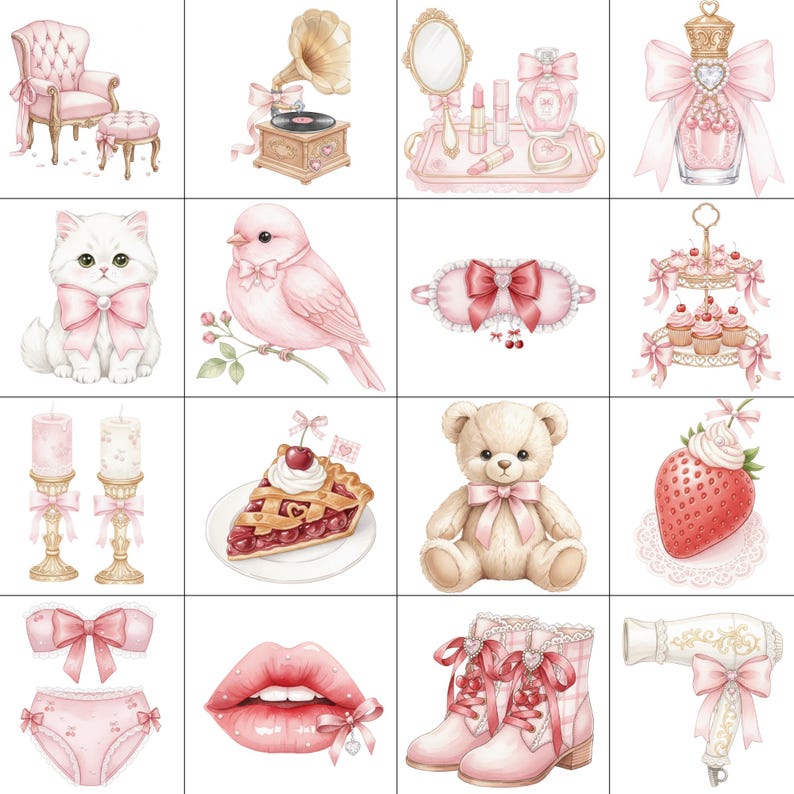 Pink Coquette Clipart Bundle | Bows, Hearts, Pearls Watercolor PNG Set ...