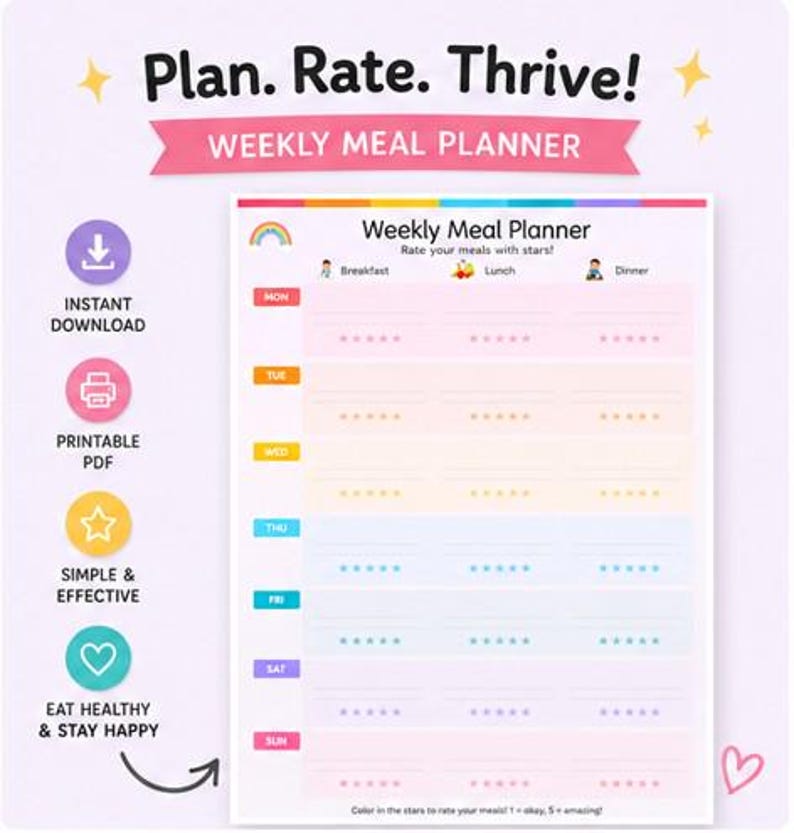 Weekly Kids Meal Planner | Family Food Tracker (PDF Download) - Etsy