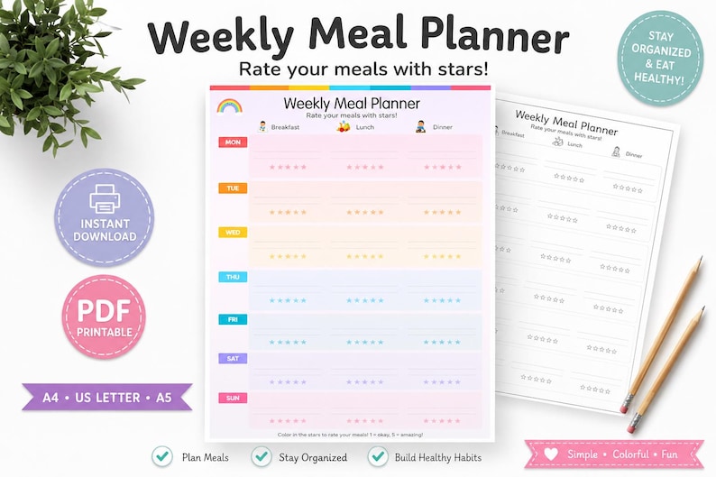 Weekly Kids Meal Planner | Family Food Tracker (PDF Download) - Etsy