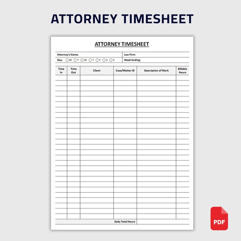 Printable Attorney Timesheet | Legal Time Tracker | Billable Hours Log ...