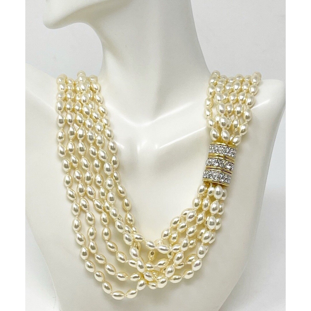Vintage Rau Klikit Multi Strand Faux Pearl Rhinestone Necklace 18 Retro ...