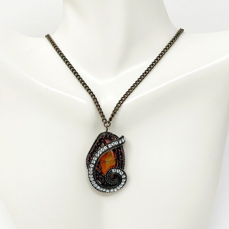 Vintage Sorrelli Retired Antiqued Brass Red/yellow Rhinestone Pendant ...