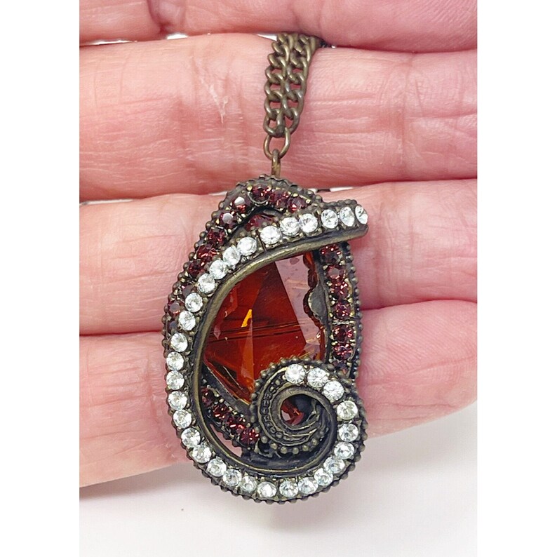 Vintage Sorrelli Retired Antiqued Brass Red/yellow Rhinestone Pendant ...