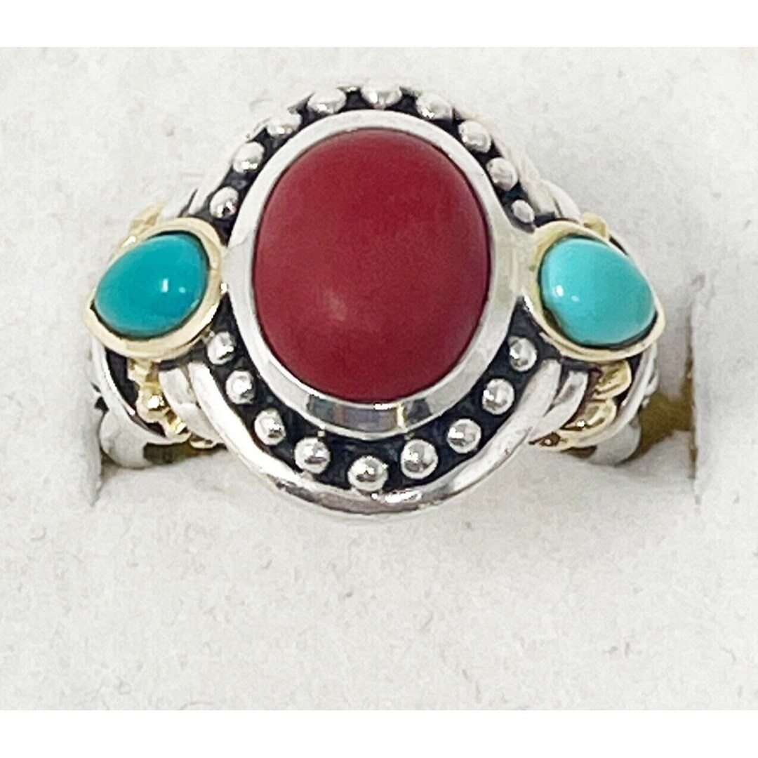 Samuel Benham BJC 925 Sterling Silver 14K Gold Turquoise & Coral Ring ...