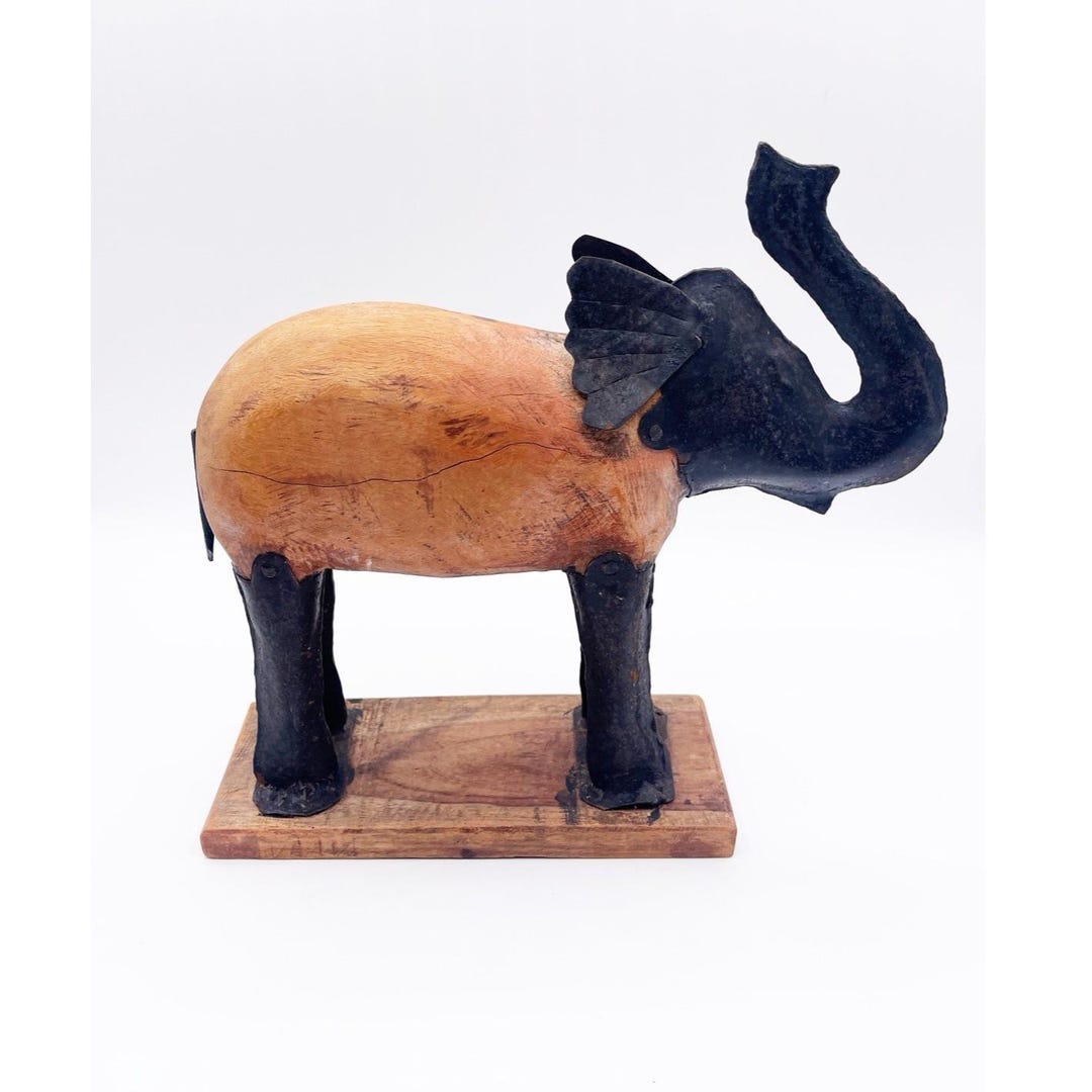 Vintage 90s Hilda Flack Wood Metal Elephant Sculpture 11x11 Rustic ...