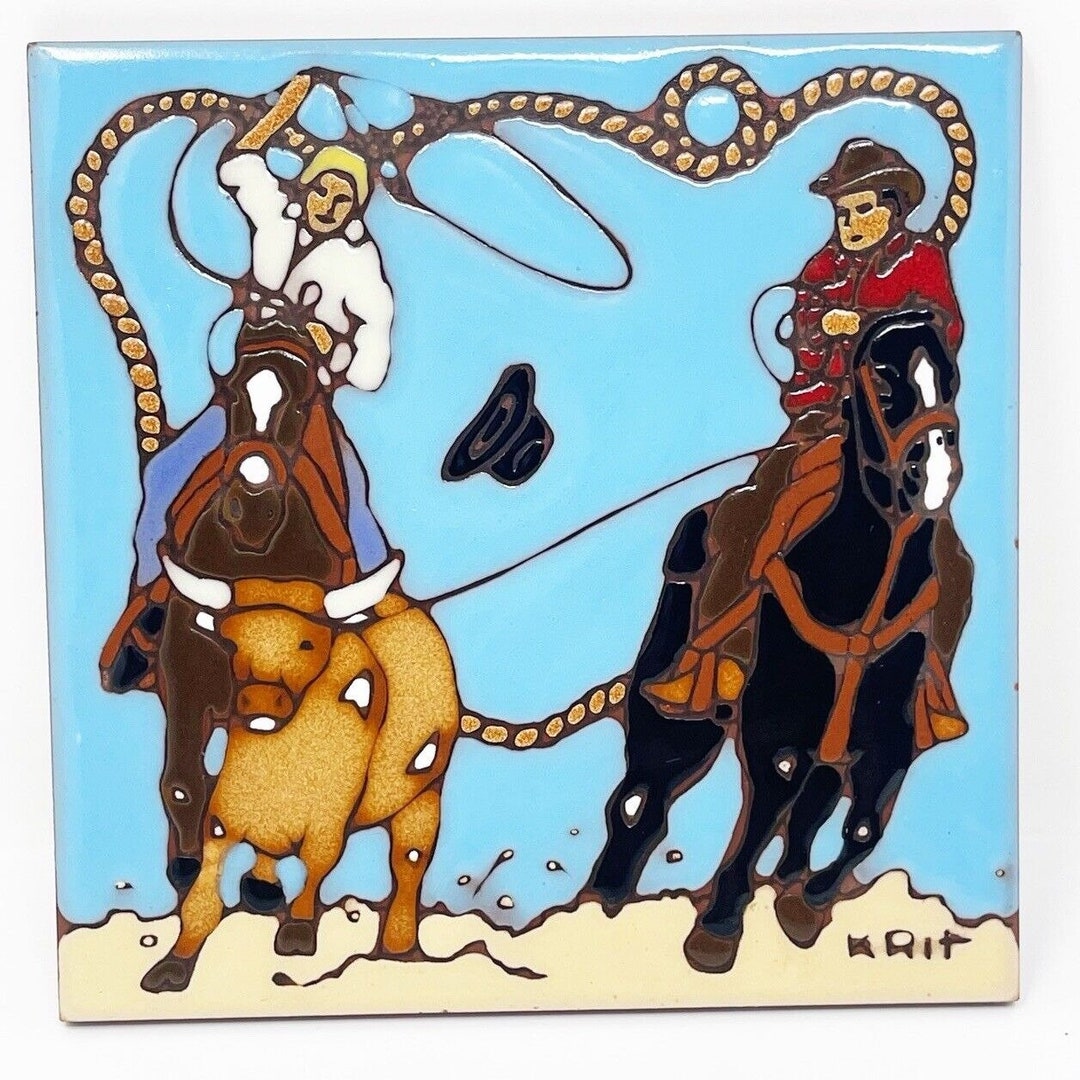 VTG 1990 Earthtones Hand Painted 6 Ceramic Tile Trivet Southwest Cowboy ...