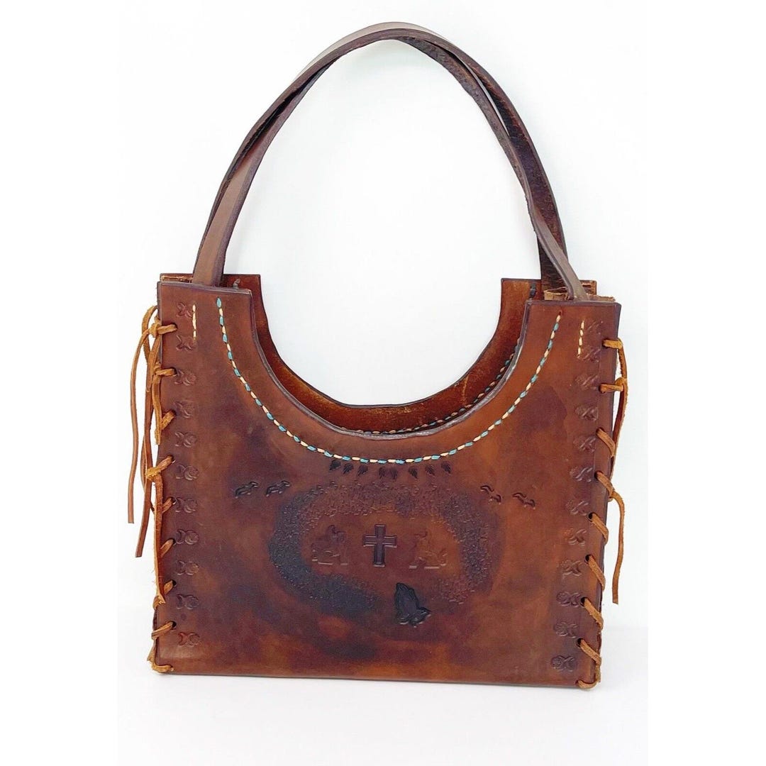 Vintage Handmade Brown Tooled Leather Bag Sphinx Cross Birds Egyptian ...