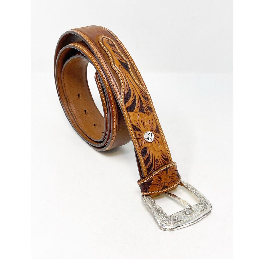 Vintage Tony Lama Hand Tooled Brown Leather Western Cowboy Belt Size 46 ...