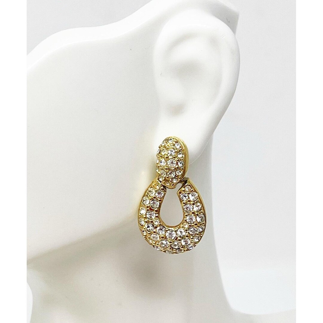Swarovski Gold Tone Crystal Door Knocker Pierced Earrings Vintage Swan ...