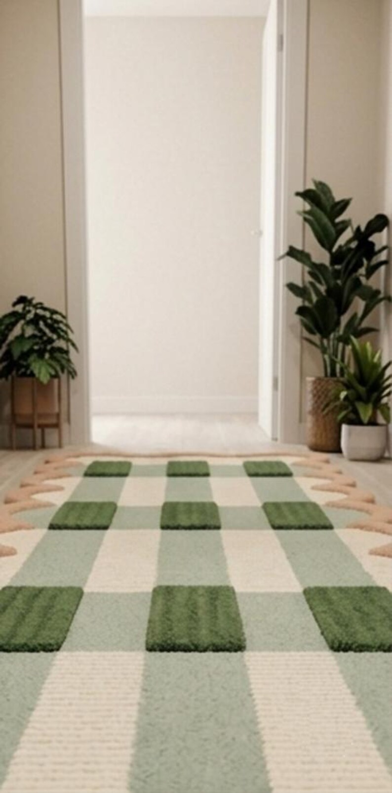 Green Checkered Runner Rug – Hand Tufted Scalloped Hallway Carpet - Etsy
