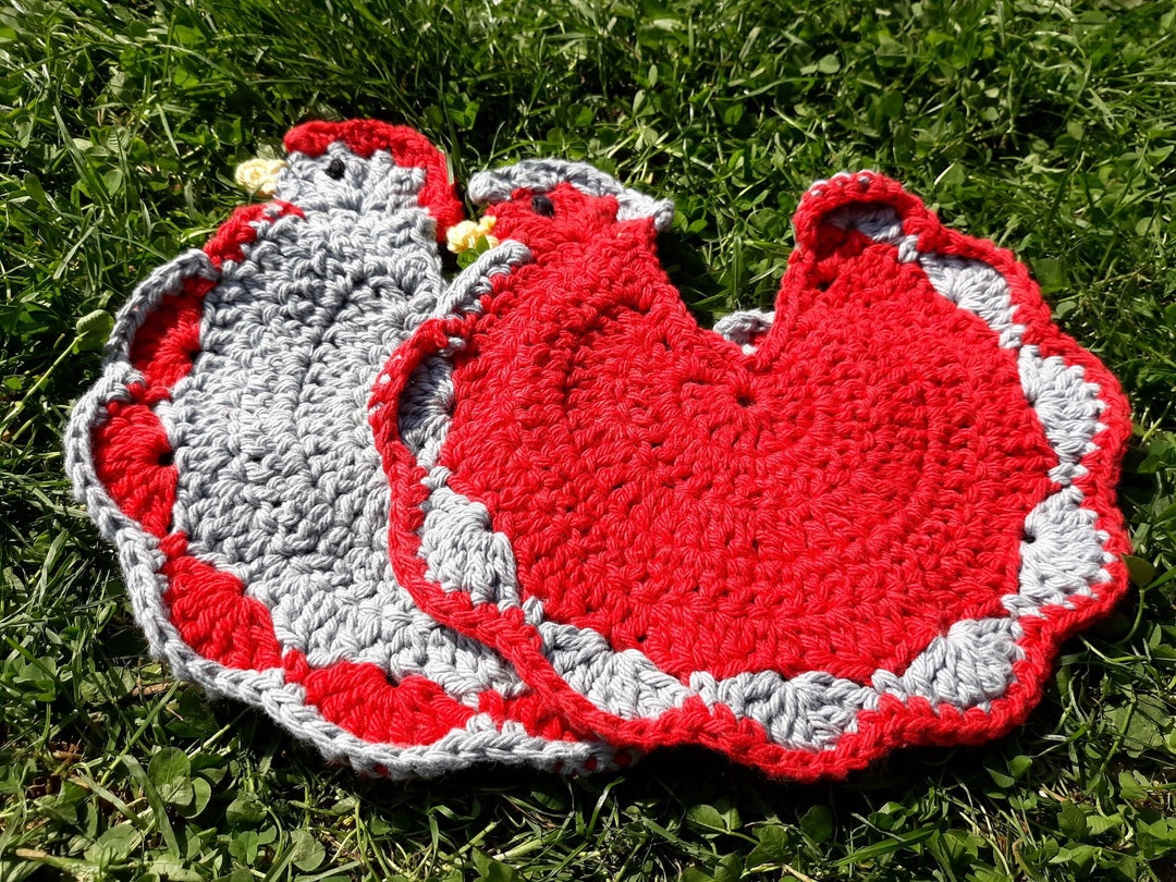 Red and Grey Chicken Dishcloth/ Pot Holder Set Made Fro 100% Cotton ...