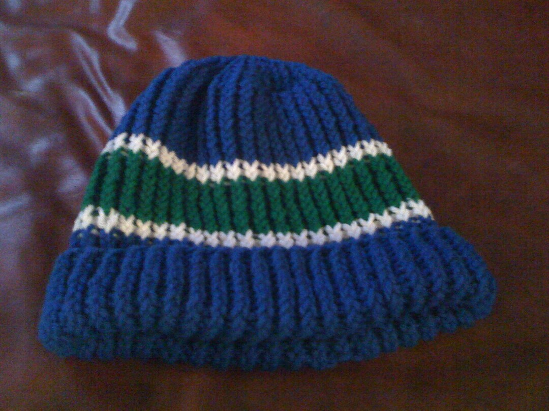 Knit Blue Green and White Hat Beanie Cap Hood Warm (or Color of Your ...