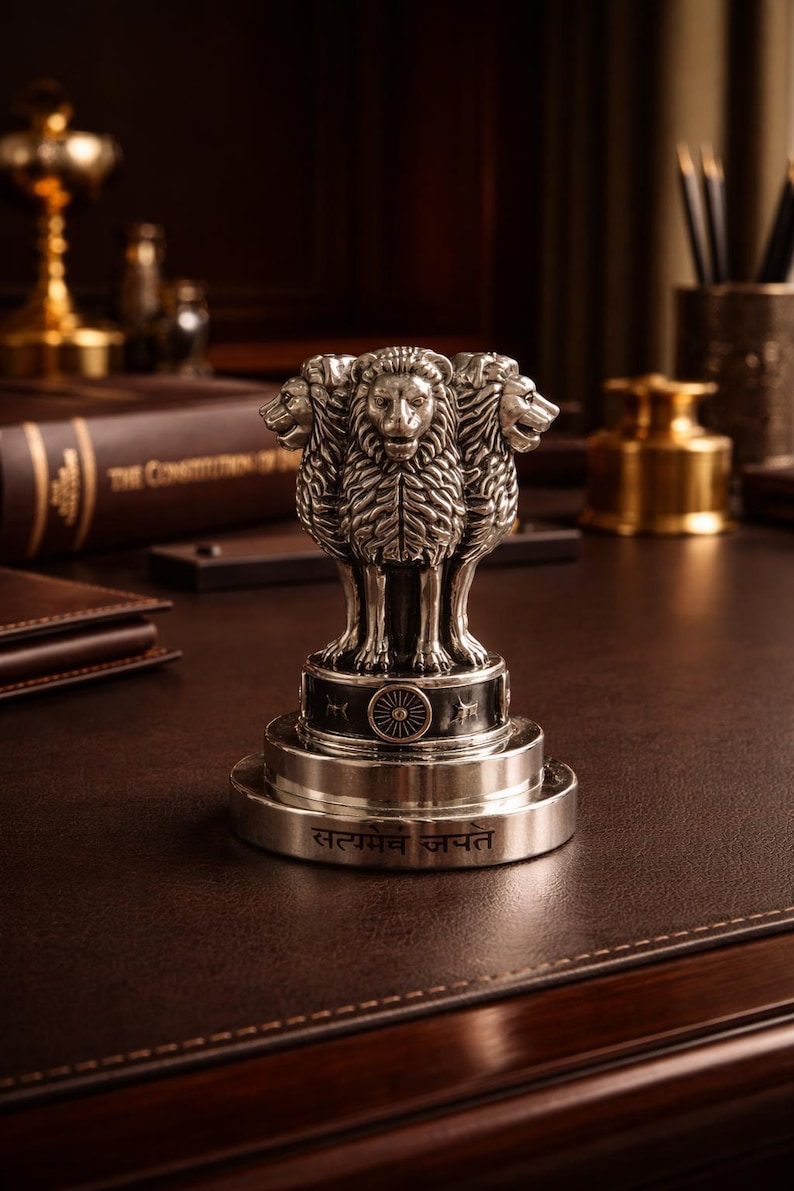 Handmade Ashoka Lion Paperweight, Silver Plated Brass Emblem, Satyameva ...