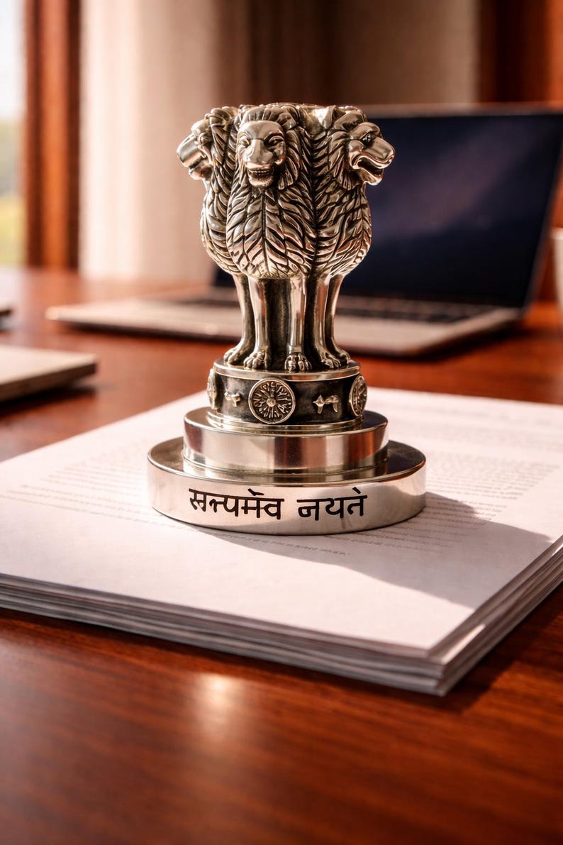 Handmade Ashoka Lion Paperweight, Silver Plated Brass Emblem, Satyameva ...