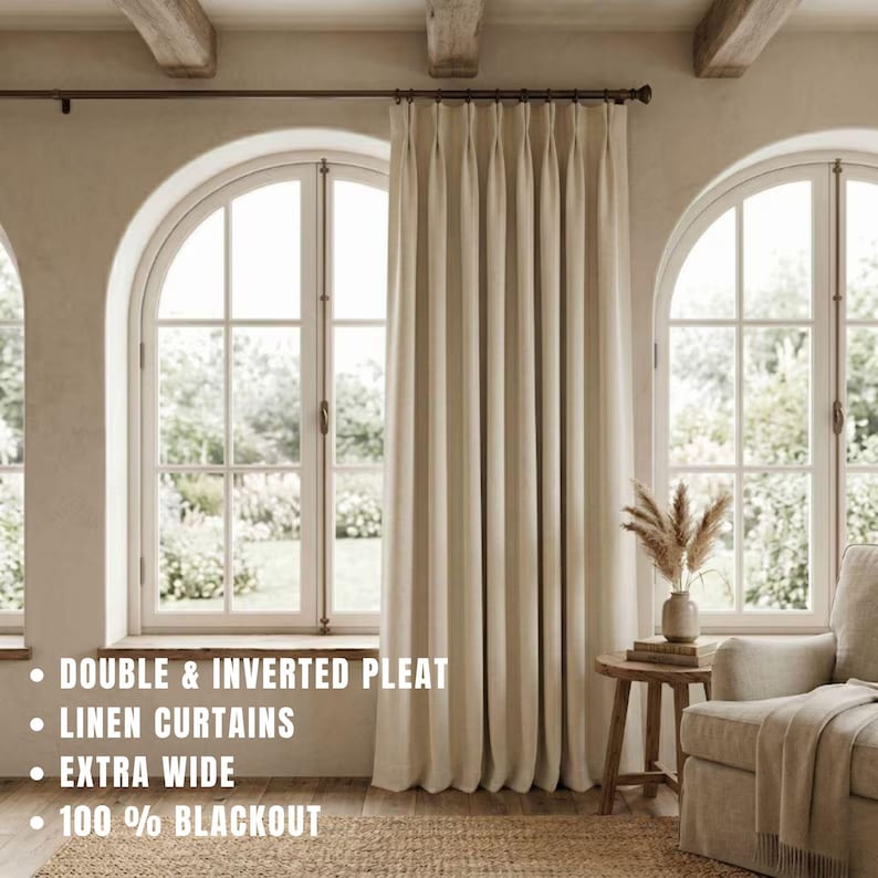 Extra Wide Linen Double Pinch Pleat Curtain Inverted Pleat Drapes 100% ...