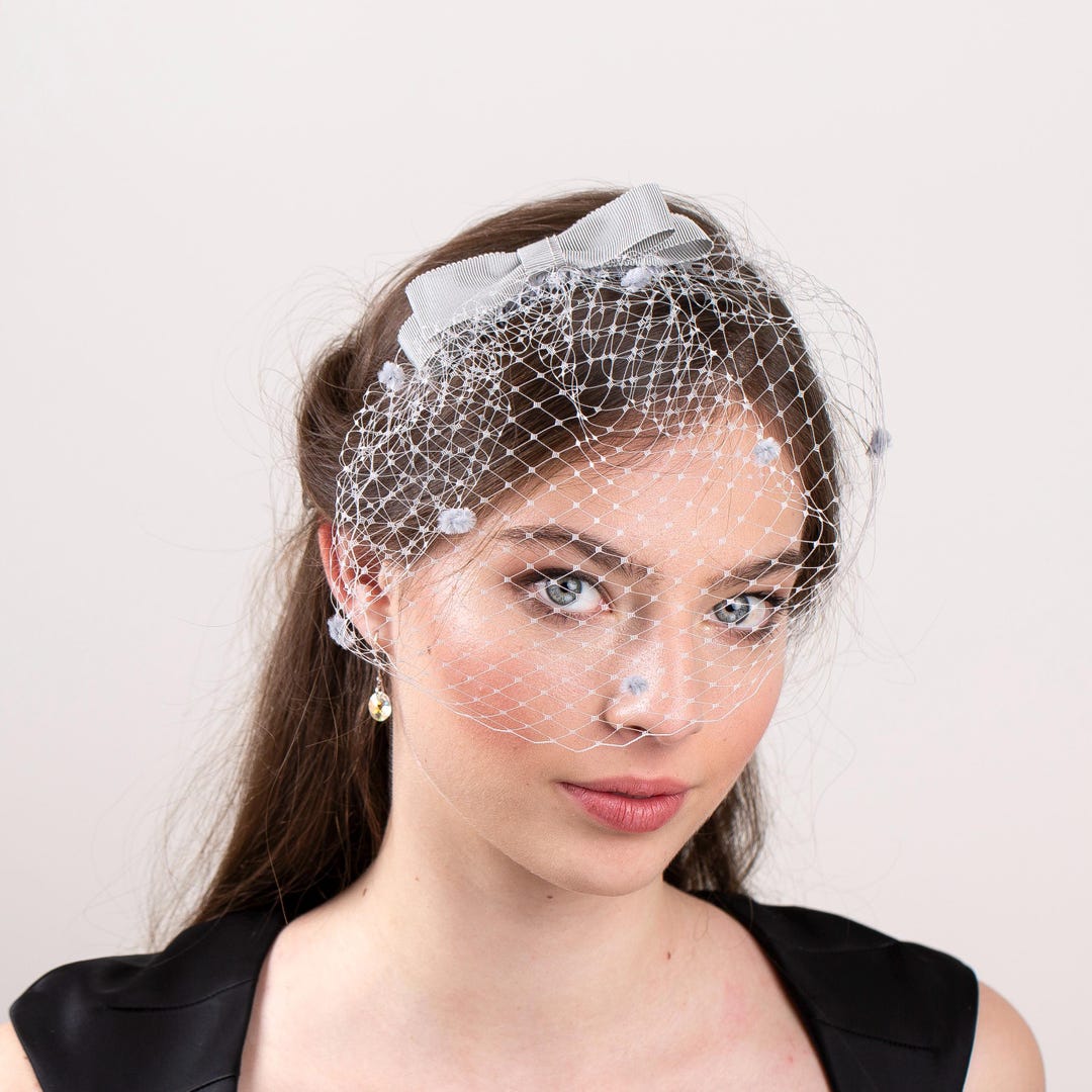 Light Grey Bow Birdcage Veil: Dotted Wedding Headpiece - Etsy