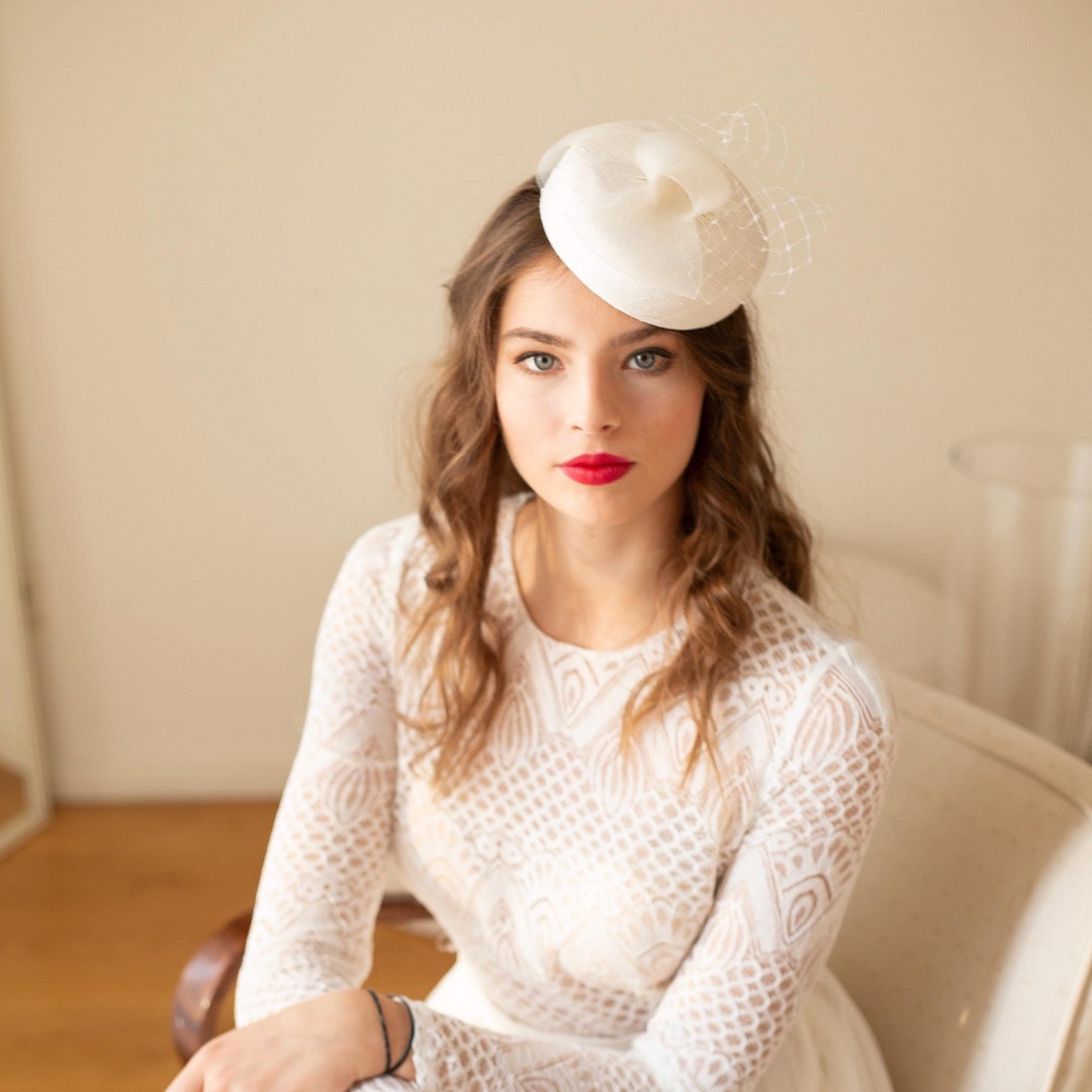 Bridal Mini Hat With Netting Knot, Bridal Bow Wedding Pillbox, Ivory ...