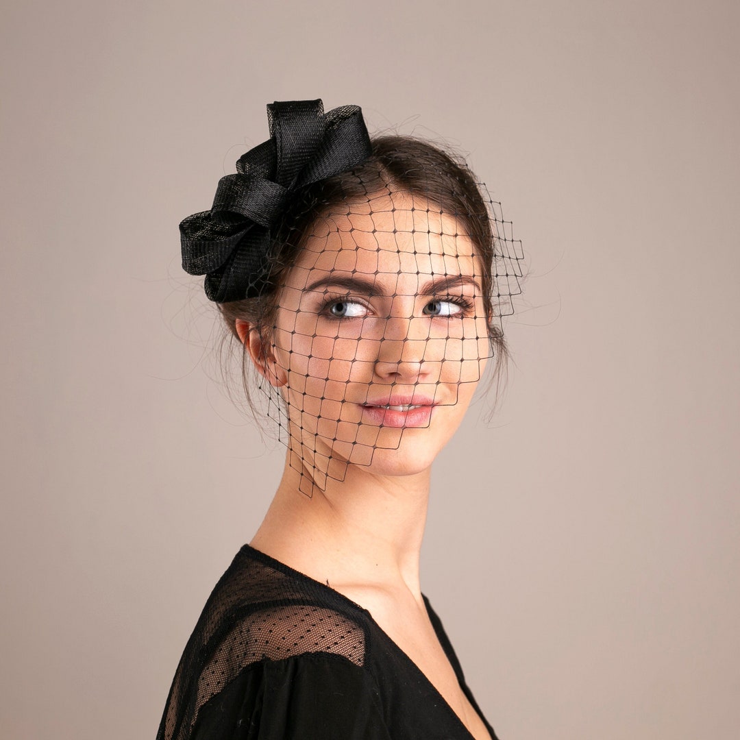 Black Bow Fascinator: Modern Birdcage Veil Headpiece for Wedding Guests ...