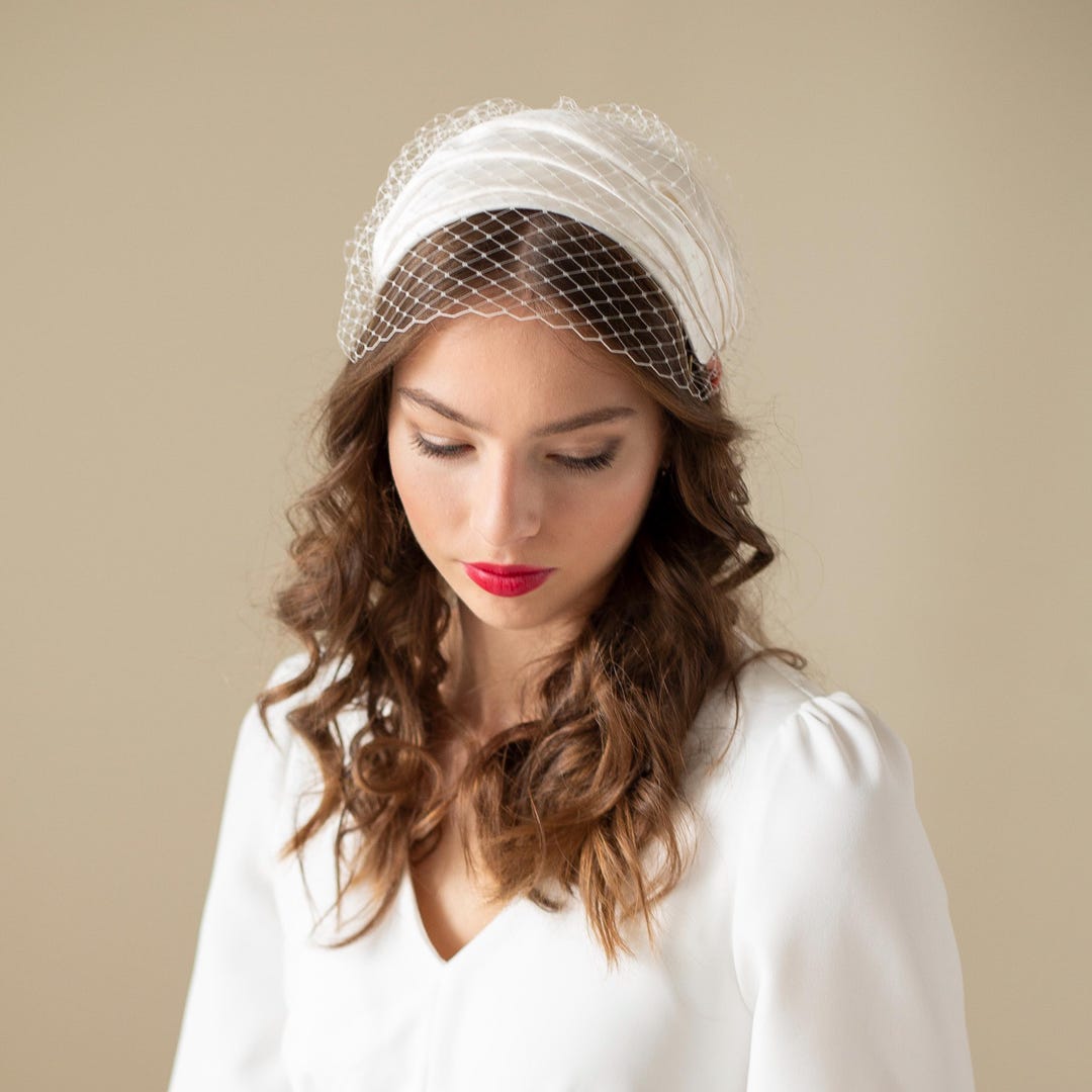 Silk Satin Cap Wedding Hat With Birdcage Veil, Grace Kelly Silk Half Hat, Old Hollywood Glam Hat ...