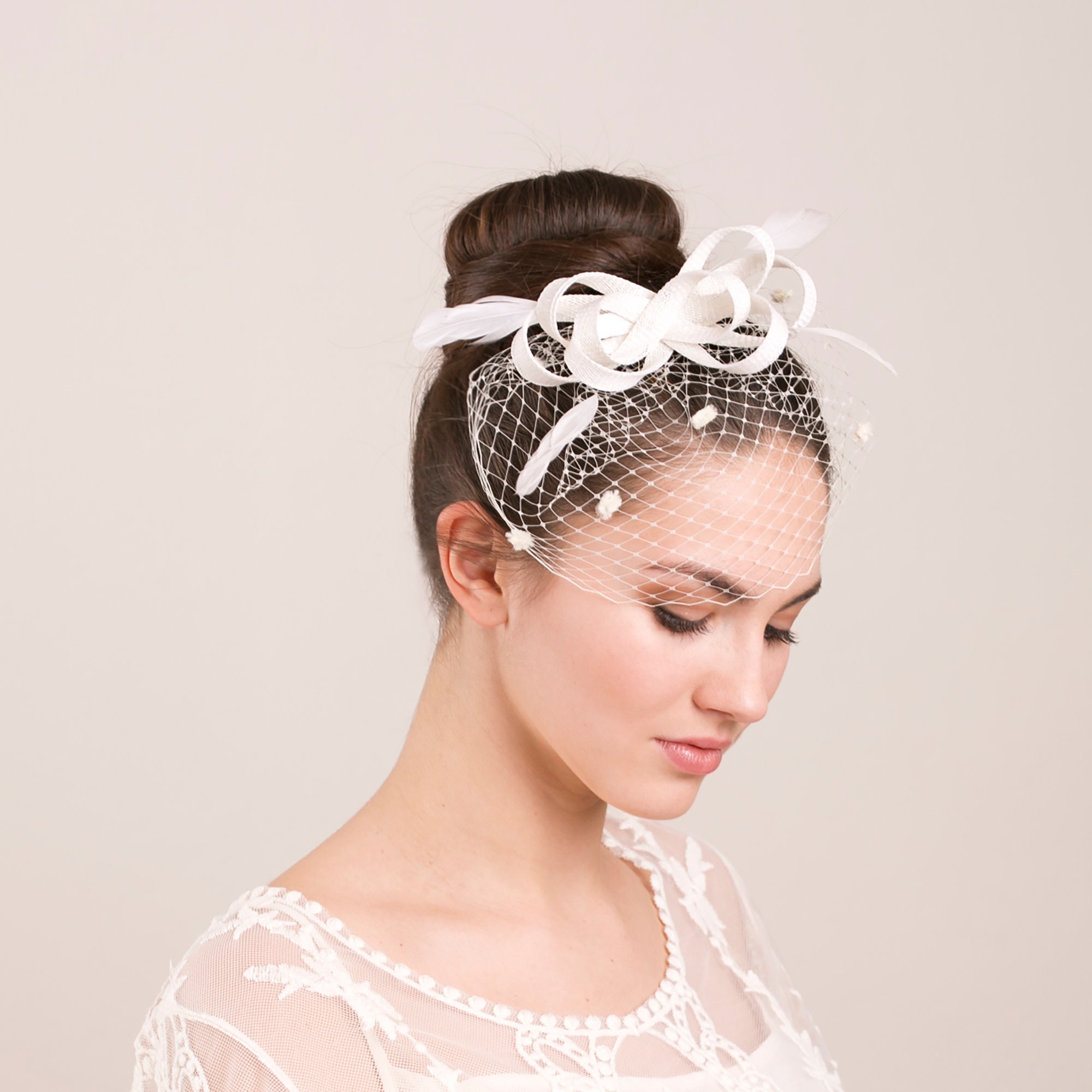 Bridal fascinator with feathers and birdcage veil millinery wedding birdcage with fascinator millinery bridal headpiece ivory nude grey