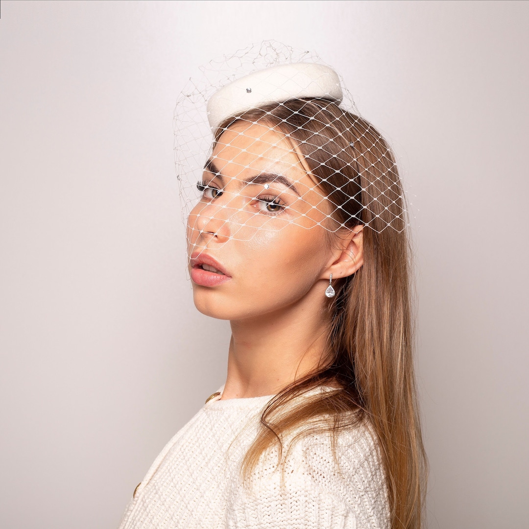 Bridal Pillbox Hat With Birdcage Veil Veiled Fur Felt Hat - Etsy
