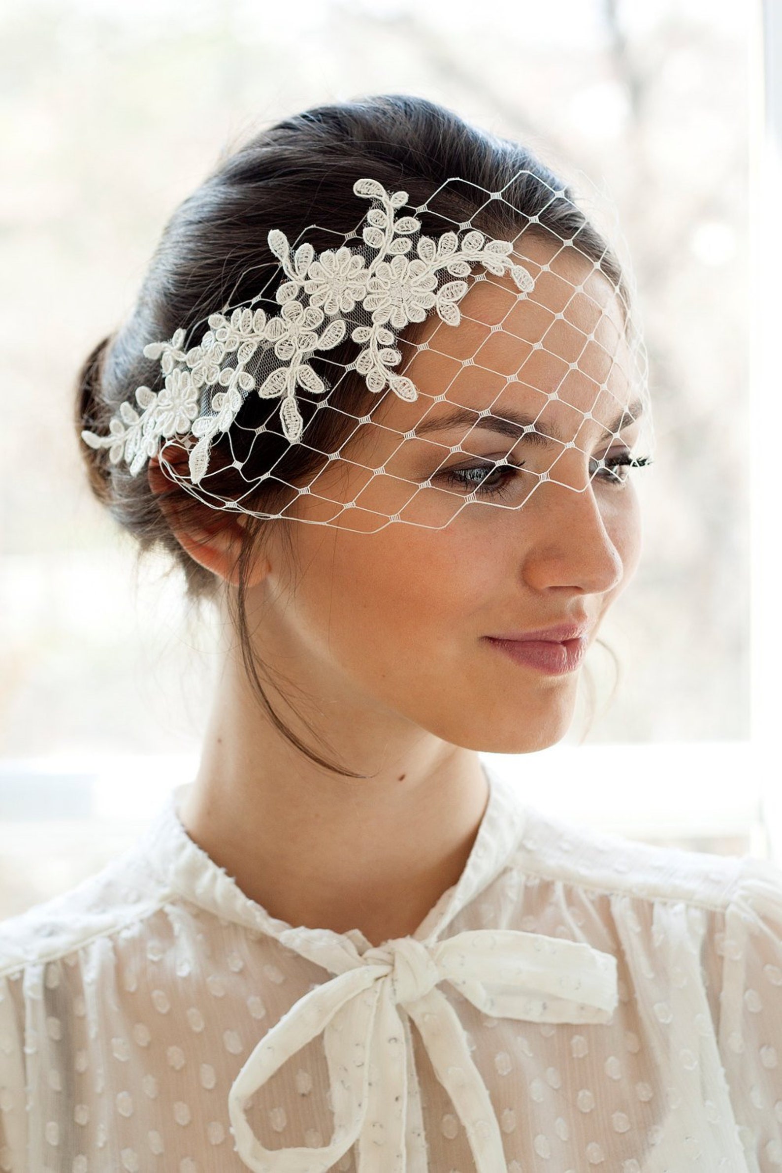 Bridal Petite Bandeau Veil With Floral Lace, Short Wedding Veil - Etsy